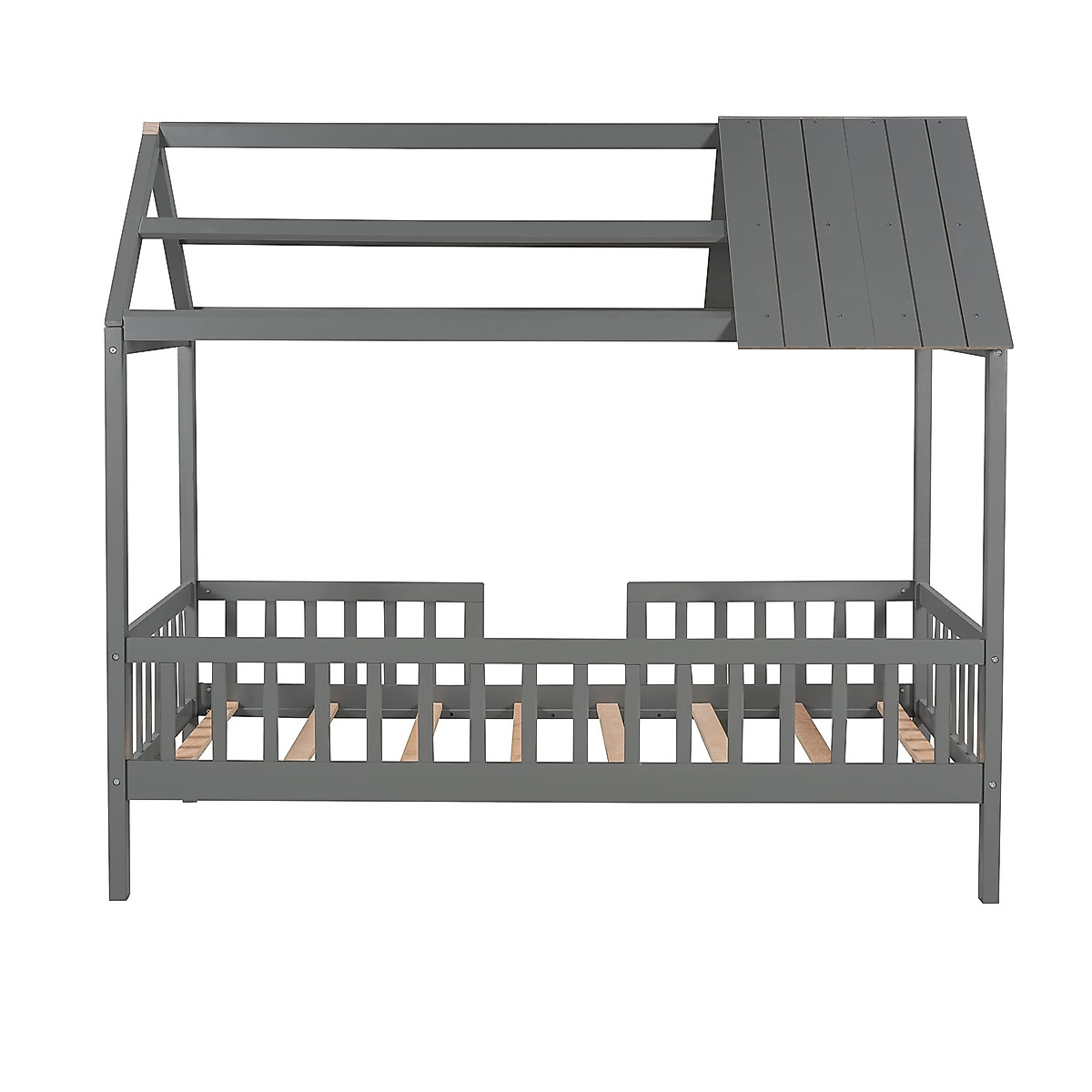 MERITLINE Twin House Bed Kids Montessori Beds Playhouse Tent Bed, Solid Wood Platform Bed Frame with Fence and Roof for Kids Teens Adults (Twin Size, Gray)