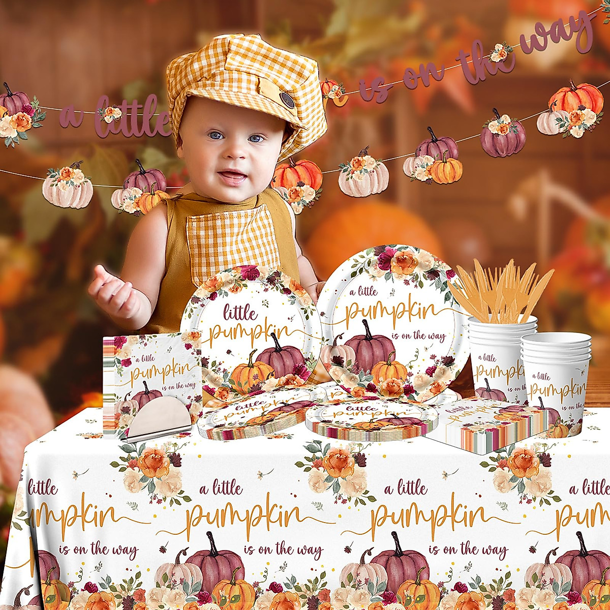142Pcs Little Pumpkin Baby Shower Decorations-Fall A Little Pumpkin is on the Way Plates and Napkins Set Floral Autumn Thanksgiving Tableware Party Supplies