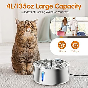 PONOSIR Cat Water Fountain Stainless Steel, 4L/135oz Dog Water Bowl Dispenser, Ultra-Quiet Large Automatic Pet Water Fountains for Cats and Dog Indoor Drinking with Water Level Window