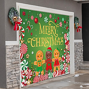 Christmas Candy Garage Door Decoration Merry Christmas Garage Door Banner Cover Peppermint Candy Cane Gingerbread Man Garage Backdrop for Xmas Eve Holiday Outdoor Wall Decor, 7 x 9 ft