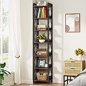 Tribesigns 78.7 Inch Extra Tall Narrow Bookshelf, 7 Tier Skinny Bookcase for Small Spaces, Freestanding Display Shelves, Multifunctional Corner Storage Organizer for Home Office, Rustic Brown
