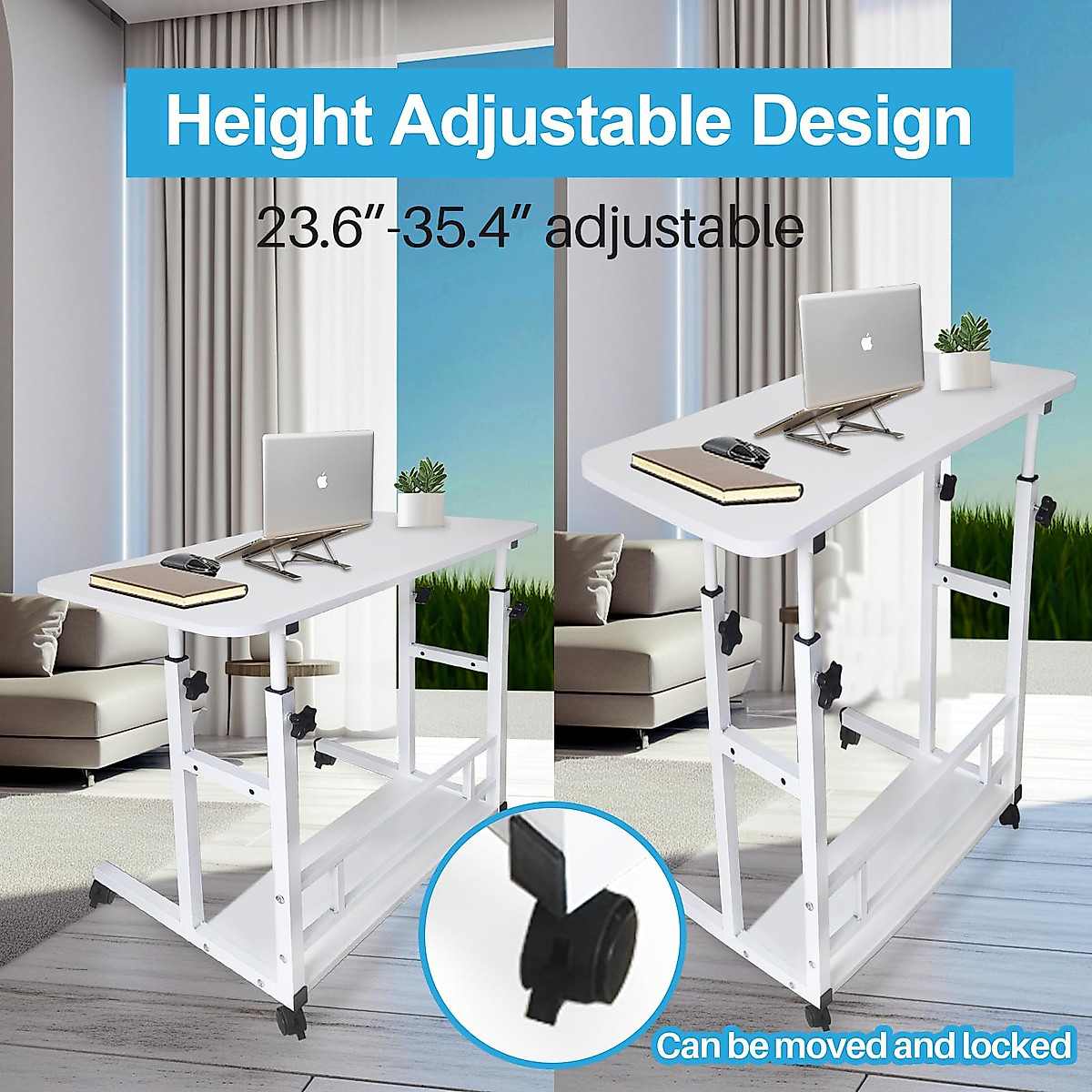 BEFOCL 31.5 Inches Mobile Home Office Desk, Adjustable Height Computer Desk, Double Support Bar Reinforced Design Single Small Desk,Children's Study Table(31.5in, White)