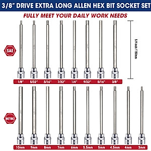 RIZOM 18-Piece 3/8 Inch Drive Extra Long Allen Hex Bit Socket Set, SAE & Metric (1/8-3/8 in., 3-10 mm), CR-V and S2 Steel