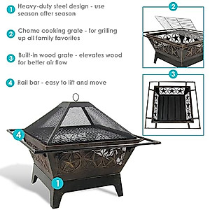 Sunnydaze Northern Galaxy 32-Inch Heavy-Duty Square Fire Pit with Cooking Grill Grate, Spark Screen, and Fireplace Poker