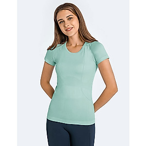 LUYAA Womens Yoga Tops Short Sleeves Seamless Fitted Gym Running Sports Summer Breathable Mint Green M