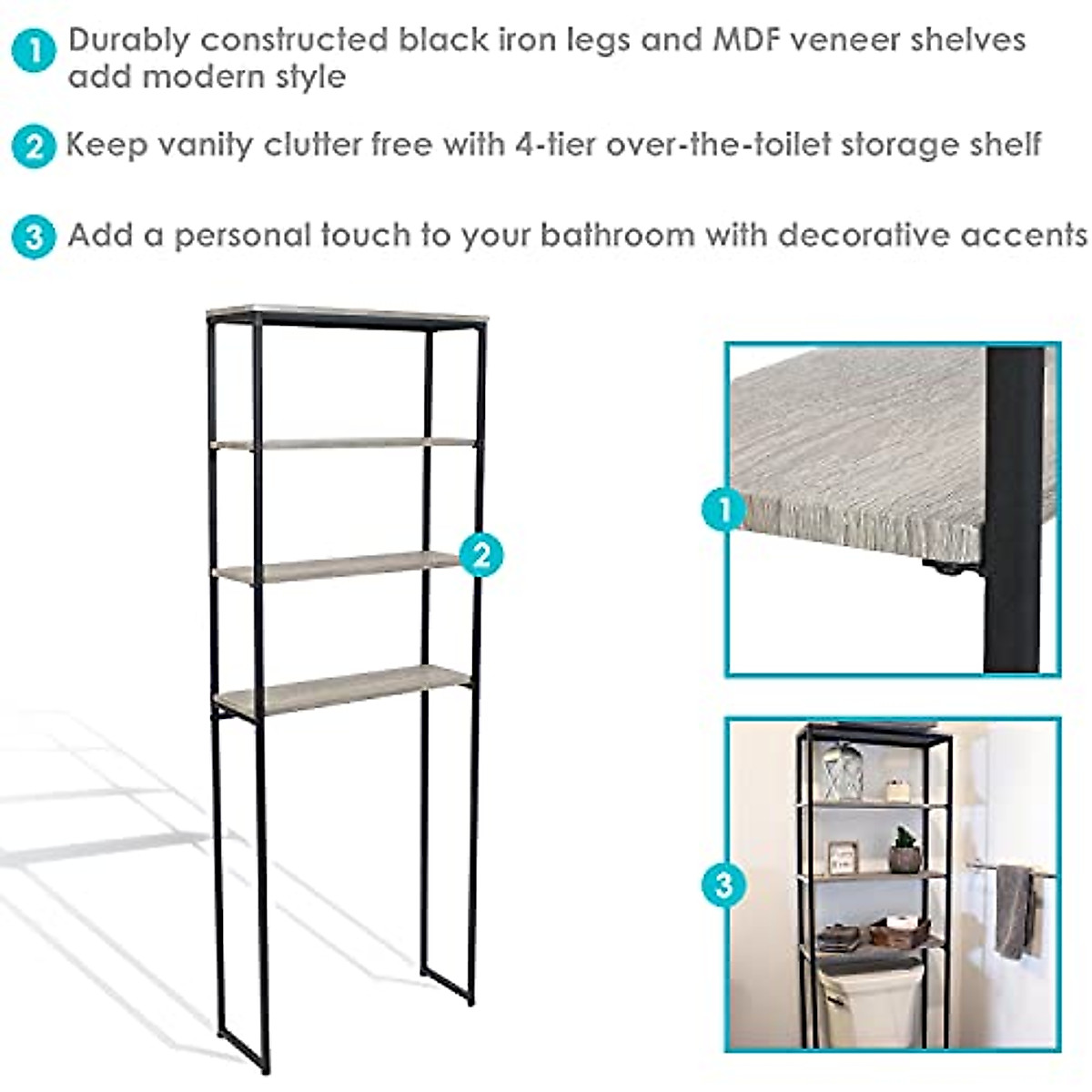 Sunnydaze 4-Tier Over The Toilet Storage Shelf - Industrial Style with Freestanding Open Shelves with Veneer Finish and Black Iron Frame - Etagere Bathroom Space-Saver Organizer - Oak Gray - 69-Inch