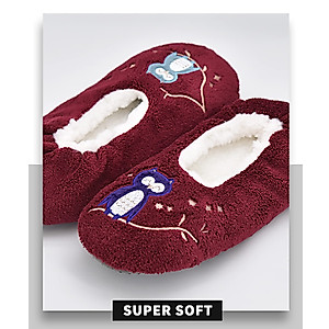 DICUIRD Womens Cozy&Warm Soft Sole Slipper Socks with Grippers-Fuzzy Fleece Lined House Slippers with Non-skid Bottoms (Wine Owl, 8-10)