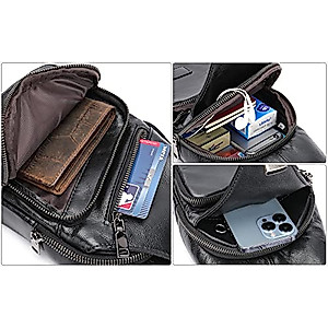 Genuine Leather Sling Bag, Metal Buckle Crossbody Bags Shoulder Cross Chest Pack Small Travel Backpack for Men and Women Black