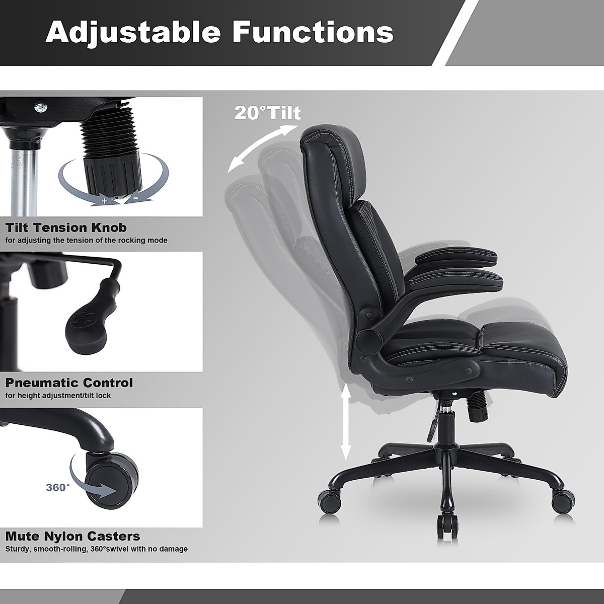 Executive Office Chair, Ergonomic Home Office Desk Chairs, PU Leather Computer Chair with Lumbar Support, Flip-up Armrests and Adjustable Height, Youchauchair High Back Work Chair, Black