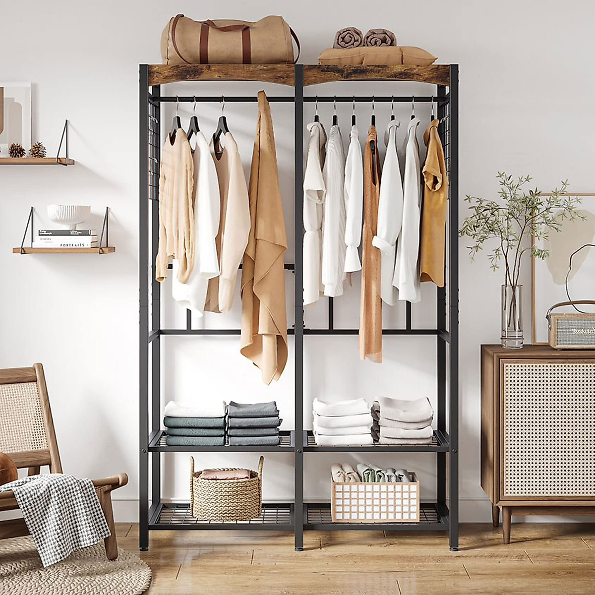 Bestier Metal Freestanding Wardrobe Storage Unit with Wooden Top Shelf & Built In Color Changing Lights w/7 Colors and 20 Dynamic Modes, Rustic Brown