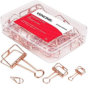 Rose Gold Wire Binder Clips and Cute Paper Clips Set Assorted Sizes, 2 Large 6 Medium 10 Small Smooth Stainless Hollow Office Clamp Clips