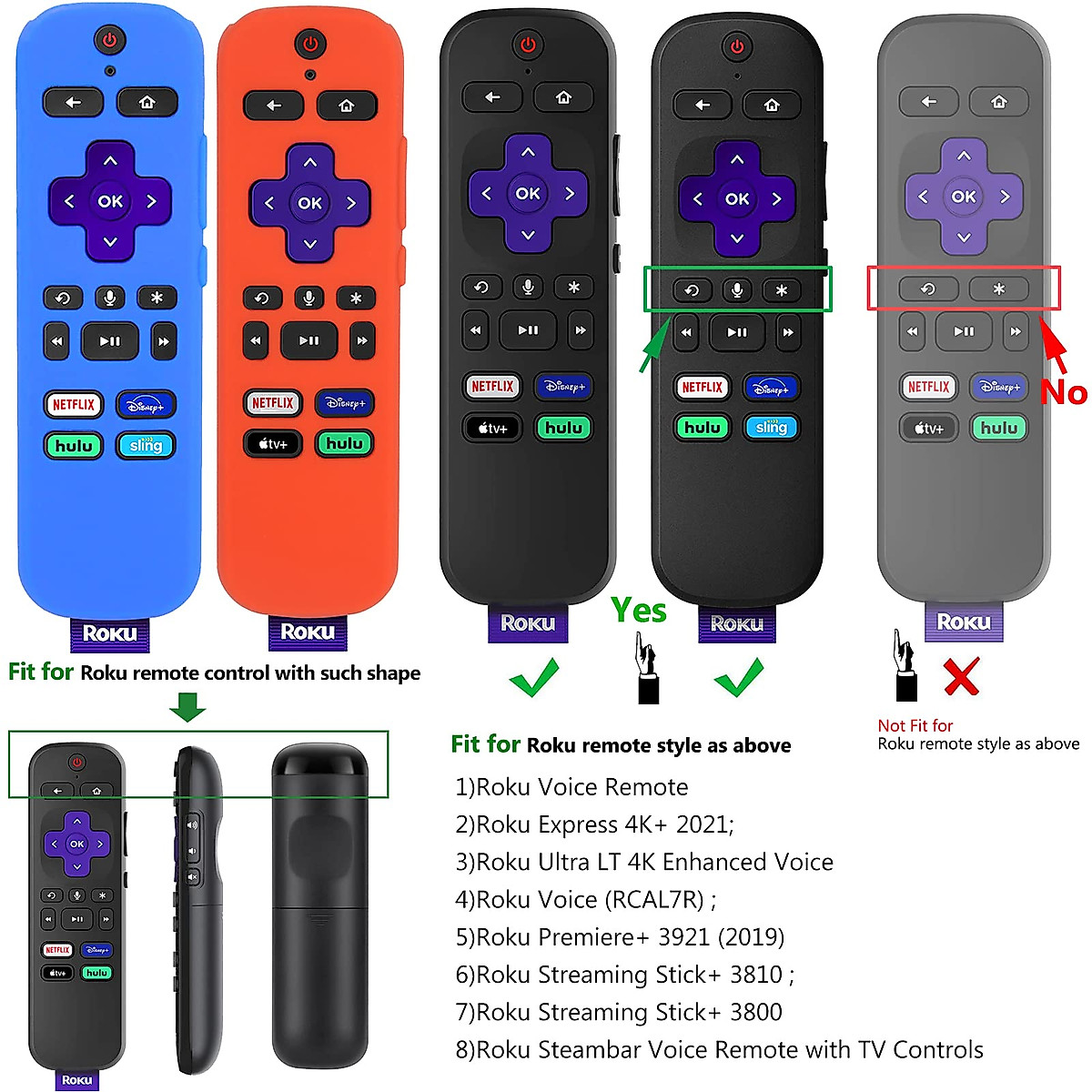 [2 Pack] Silicone Protective Case Compatible with Roku Voice Remote, Pinowu Anti-Slip Shockproof Remote Cover Compatible with Roku Express 4K+ 2021 Remote (Red+Blue)