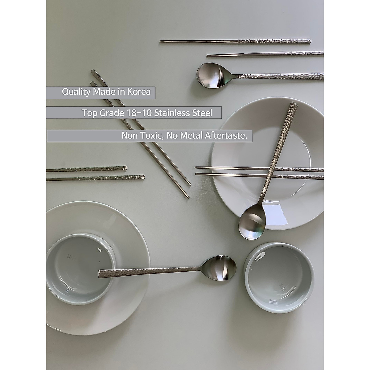 cozymomdeco Korean Made Silver Glossy Hammered Stainless Steel Korean Spoon & Chopstick SET (4SET)