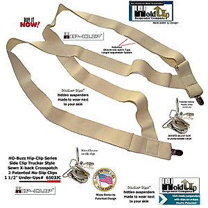 Holdup Hip-Clip Style Under-Ups Tan 1 1/2" Suspenders for Men with the USA Patented Metal "No-Slip" Clip