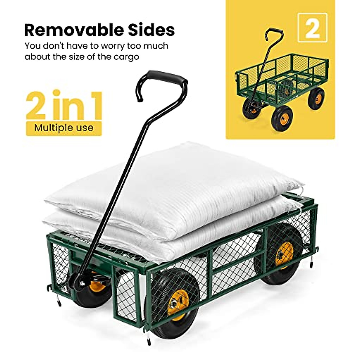 VIVOHOME Heavy Duty 880 Lbs Capacity Mesh Steel Garden Cart Folding Utility Wagon with Removable Sides and 4.10/3.50-4 inch Wheels (Green)