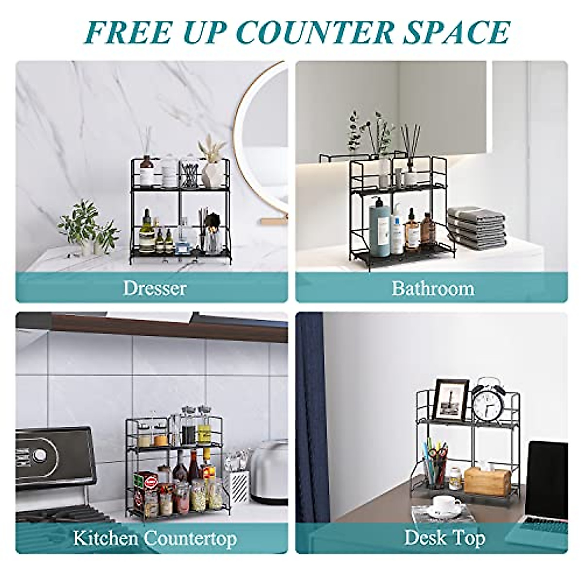 2 Tier Bathroom Organizer Countertop, SAUCE ZHAN Vanity Organizer Countertop with Shelf Liners, Spice Rack Organizer for Kitchen, Counter Storage Shelf for Bathroom Counter, Bedroom, Black