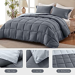 Homelike Moment Lightweight Comforter Set, Reversible All Season Down Alternative Bed Comforter Set Summer 3 Piece - 1 Comforter 2 Shams, Oversized Queen Dark Gray/Light Grey