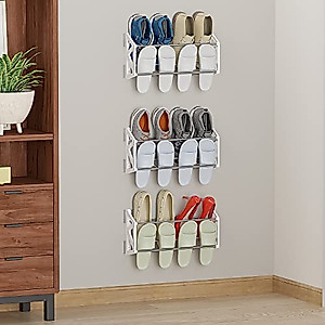 Yocice Wall Mounted Shoes Rack 3Pack/Can Store 6Pairs Sneakers and 6Pairs Slide Sandal,with Sticky Hanging Mounts, Shoes Holder Storage Organizer Shelf ,Door Shoe Hangers, SM07-17.5inch-3Pack(White)