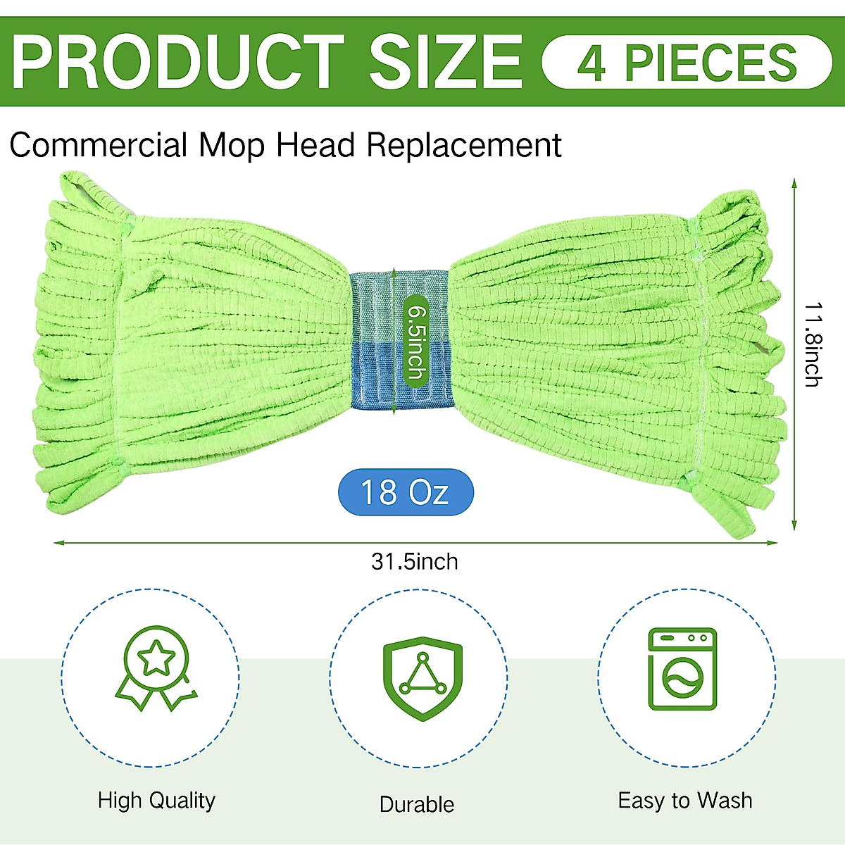Lallisa 2 Pcs Commercial Mop Head Replacement 18 Oz Tube Microfiber Mop Heads for Floor Cleaning Industrial Mop Heads Looped End Wet Mop Head Refill for Home Commercial Industrial Use (Fruit Green)