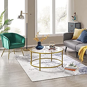 Yaheetech 36in Round Glass-Top Coffee Table,Mustard Gold Modern Accent Side Round Coffee Table w/Protective Foot Pads, Metal Structure Glass Coffee Table for Living Room,Dining, Apartment,Small Space