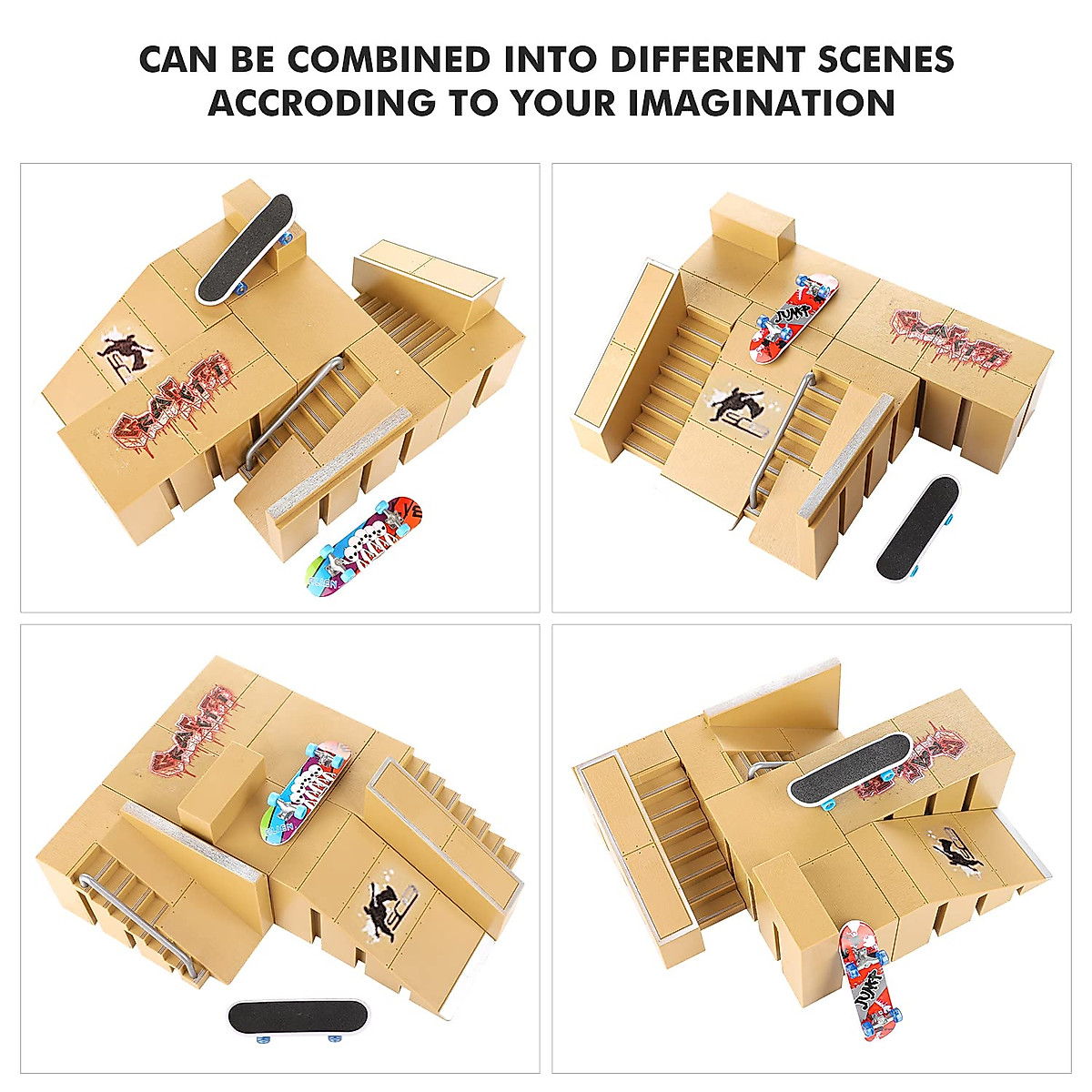 TIME4DEALS Finger Skateboard Ramp Set 16 Pcs - Pro Fingerboard Mini Skatepark Kit 5 Pieces & Finger Toys Set Including Finger Boards Scooters Skates Bikes Caster Boards Skateboards for Kids Gifts