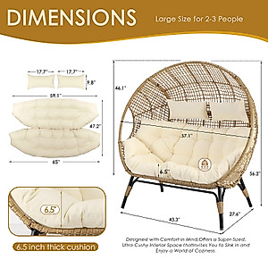 NICESOUL® Double Egg Chair Indoor Outdoor Stationary Oversized Thicken Padded Cushions,2 Person Egg Loveseat Chair,680 lbs Extra Large Lounge Chair for Patio Balcony Porch Backyard Beige