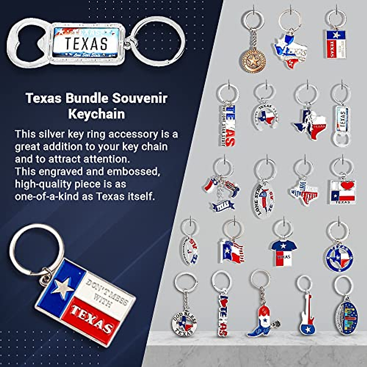 Texas Bundle Souvenir Metal Keychain 12 Pack-Texas Lone Star on Texas State Map, Don't Mess with Texas, I Love Texas, Longhorn, Texas Seal, Texas Bottle Opener, Texas Boot & More