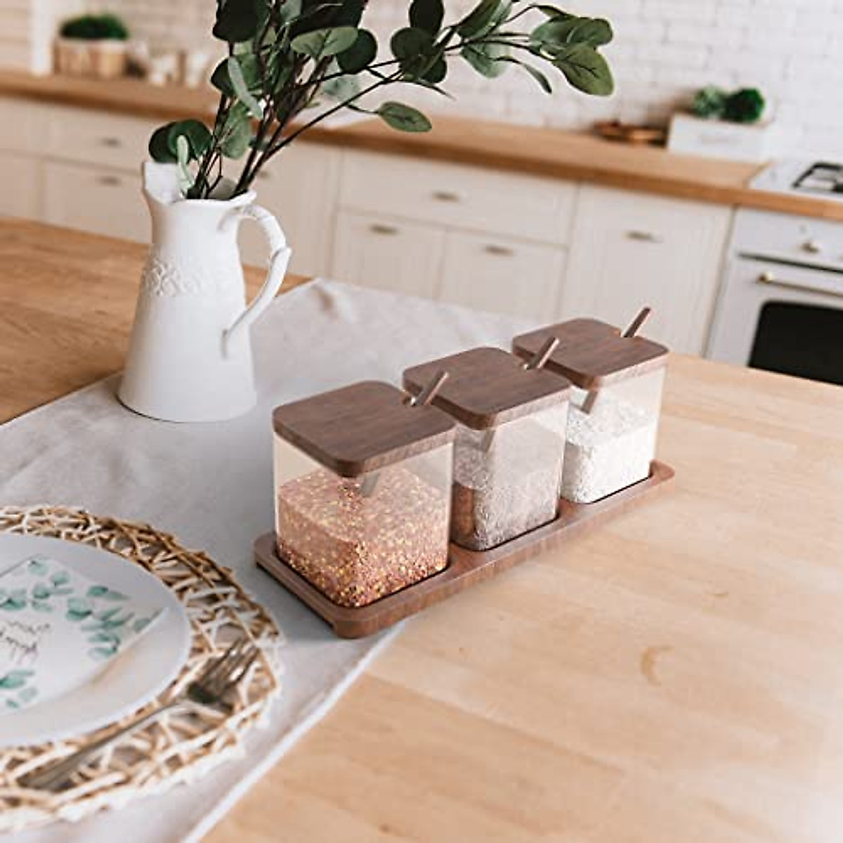 Essos Square Glass and Wood Condiment 3 pc Jars Set with spoon Tray Sugar Food Storage Containers with Wood Lids and Wooden Spoon for Coffee Spice Storage Container