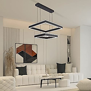 Behsig Modern Chandelier,Modern Led Chandelier,2 Rings Square Chandelier for Living Room,Adjustable Height,Chandelier Lighting Fixture High Ceiling Hanging Dining Room LED Pendant Light