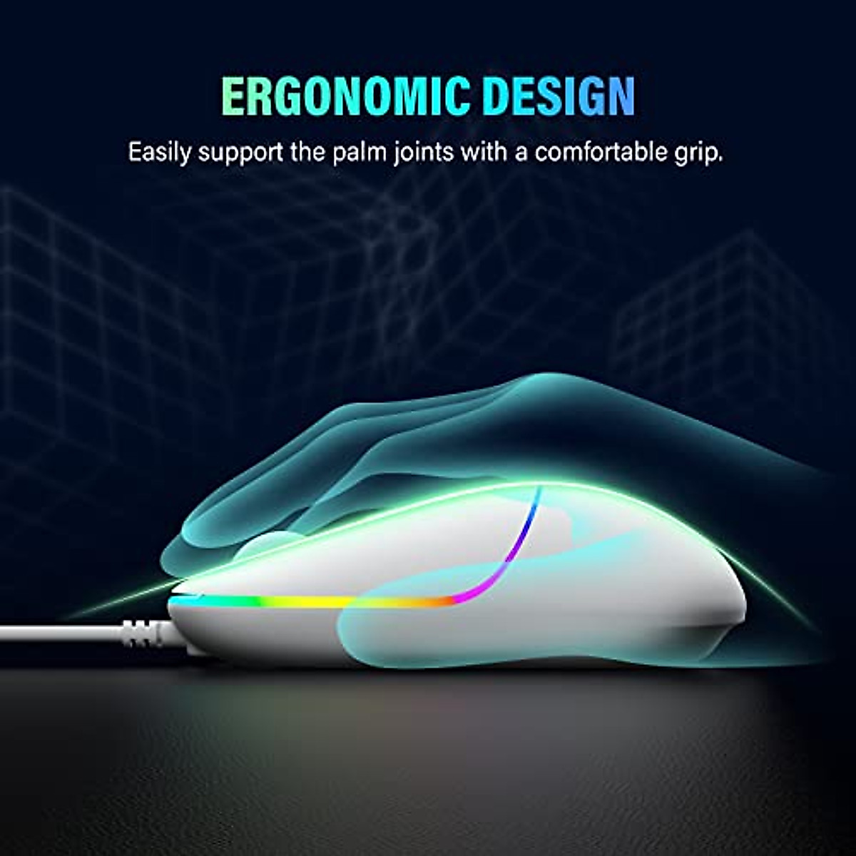 FENISIO Wired Mouse with Rainbow Backlit, LED Computer Mouse USB Wired Mouse with 6400 DPI, Ergonomic Office and Home Corded Mouse for Laptop, Desktop, MacBook, Windows PC (White)