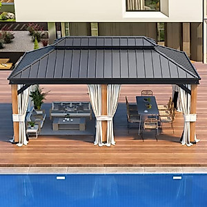 YOLENY 12' x 20' Ultra-thick Columns and Beams Hardtop Gazebo with Faux Wood Grain Aluminum Frame, Vertical Stripe Galvanized Steel Double Roof, Outdoor Patio Gazebo Pergolas with Netting and Curtains