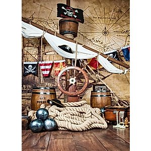 BELECO 5x7ft Fabric Pirate Backdrop Pirates Ship Deck Steering Wheel Skull Flag Halloween Pirate Photography Background Pirate Theme Party Decorations Kids Boy Adult Birthday Baby Shower Photo Props