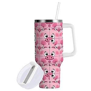 RPLIFE Cute Pig Faces Pink Travel Coffee Tumbler, Stainless Steel Mug, Cups with Lids