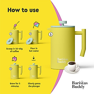 BaristasBuddy Yellow French Press Coffee Maker - Colorful, Retro And Stylish Insulated Coffee Brewer - Large Size Brews 4 Cups