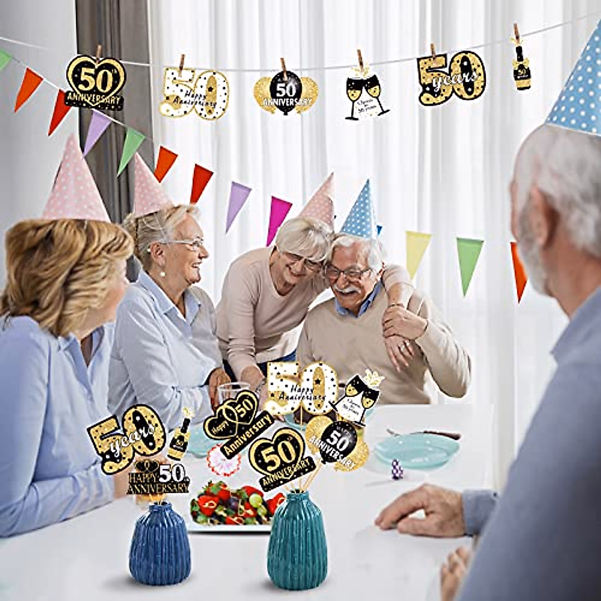 24pcs Happy 50th Anniversary Decorations Table Centerpiece Sticks, Black Gold 50 Year Wedding Anniversary Tables Topper Party Supplies, Fifty Anniversary Sign Decor