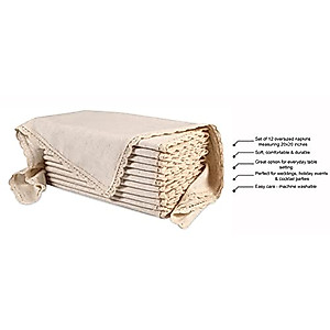 Hausattire Cloth Dinner Napkins in Cotton Flax Fabric with Lace & Tailored Mitered Corners - 20x20 Inches (Set of 12, Natural)