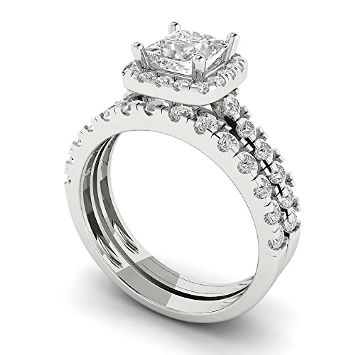 Clara Pucci 1.57ct Princess Cut Halo Solitaire with Accent Stunning Moissanite Diamond Statement Bridal Ring Band Set 14k White Gold 8.25