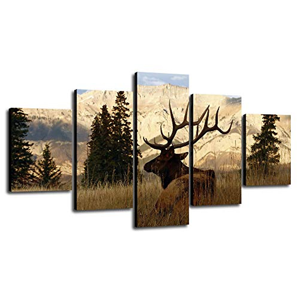 Nature Calligraphy Animal Scenery Elk Wall Art Deer Canvas Hunting Wall Decor Deer Decor for Living Room Wall Decor Deer Wall Art Deer Pictures Large 5 Panel Printed Painting Framed [60''W x 32''H]