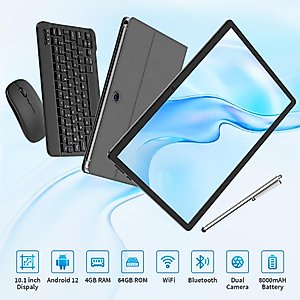 HISORL Android Tablet, 10 Inch Android 12 Tablet, 2 in 1 Tablet with Keyboard, Mouse, Case, Stylus, 4GB RAM 64GB ROM 1TB Expand, WiFi, Bluetooth, 8000mAh Battery, GMS Certified(Silver)