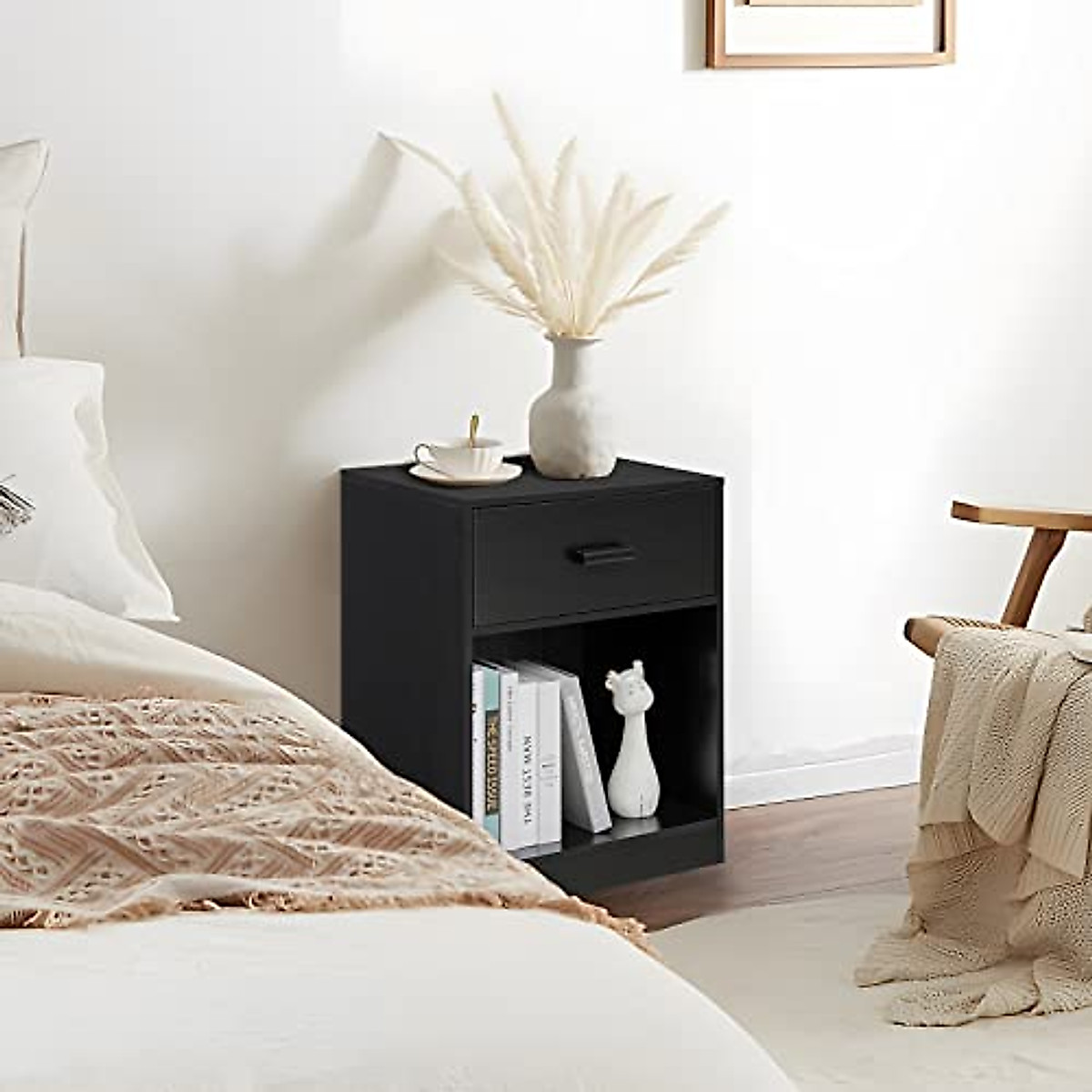 Iwell Nightstand Set of 2 with Drawer & Open Compartment, 23.6" H Bedside Table, End Table for Small Space, Bedroom, Black