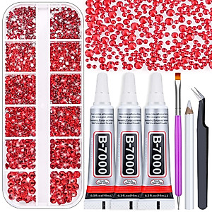 Audab Red Rhinestone with B7000 Adhesive Glue for Craft, 2100Pcs Flat Back Rhinestones Crystal Gems with Dotting Tools Clear Craft Glue for Clothes Fabric Shoes Jewelry Making Nail Art Makeup