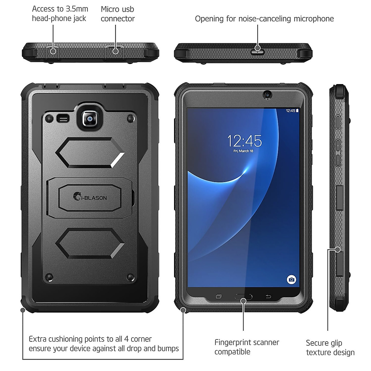 Galaxy Tab A 7.0 Case, Heavy Duty i-Blason Samsung Galaxy Tab A 7 2016 Armorbox Dual Layer Hybrid Full-Body Protective Kickstand Case with Front Cover and Built-in Screen Protector (Black)