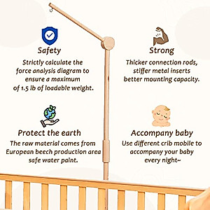 Lanttoe Wooden Floor-Standing Crib Mobile Arm 61 Inches for Baby Nursery-Movable Baby Mobile Hanger with Strong Anti-Dumping Attachment-100% Natural Beech Wood-Thicker Wooden Pole-Nursery Decor