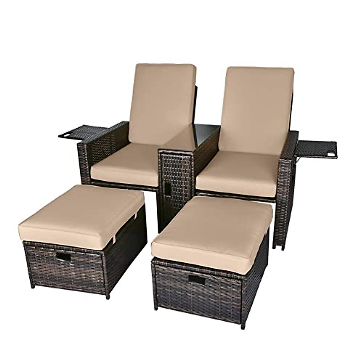 VUYUYU 5PCS Outdoor Wicker Chaise Lounge Chair - Rattan Adjustable Reclining Patio Lounge Chair with Ottoman and Coffee Table, for Patio Beach Pool Backyard (Brown Wicker Khaki Cushion)