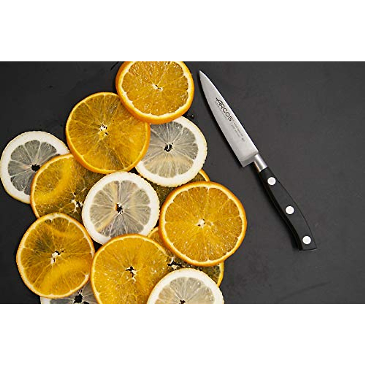 ARCOS Forged Block Knife Set 6 piece Nitrum Stainless Steel. 4055 gr. Multi-use Cooking Knife for Cutting Meat and Vegetables. Ergonomic Polyoxymethylene POM Handle. Series Riviera. Color Black.