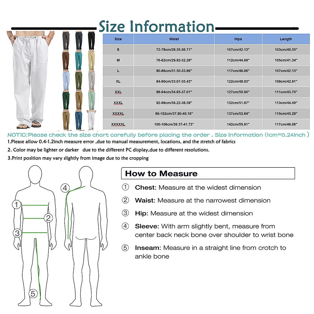 Men's Summer Casual Drawstring Beach Loose Slim Fit Trousers Linen Cotton Pants with Elastic Waistband White