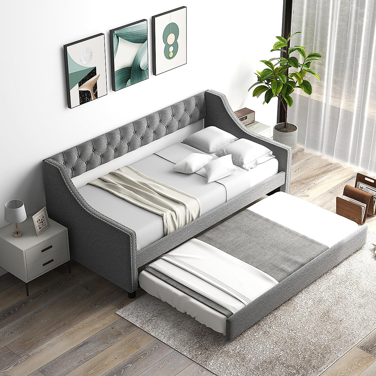 Giantex Upholstered Twin Daybed with Trundle, Modern Trundle Bed with Button Tufted Backrest and Wooden Slat Support, Twin Size Day Bed for Living Room Guest Room, No Box Spring Needed, Grey