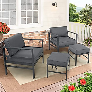 Auzfy 2 Pieces Outdoor Ottomans for Patio Set, Assembled Aluminum Outdoor Footstool with Gray Cushions, Small Seat Furniture for Porch Yard Garden Deck, Grey Frame