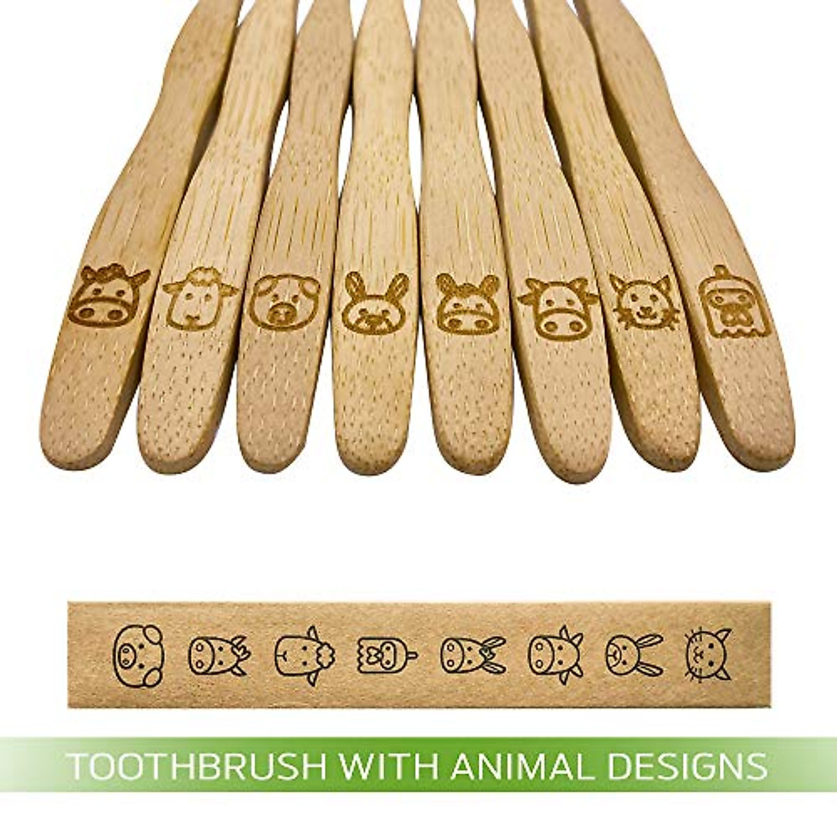 Bamdable Bamboo Wood Toothbrush with Animal Designs | Pack of 8 | Eco-Friendly | Soft Colorful Bristles for Kids