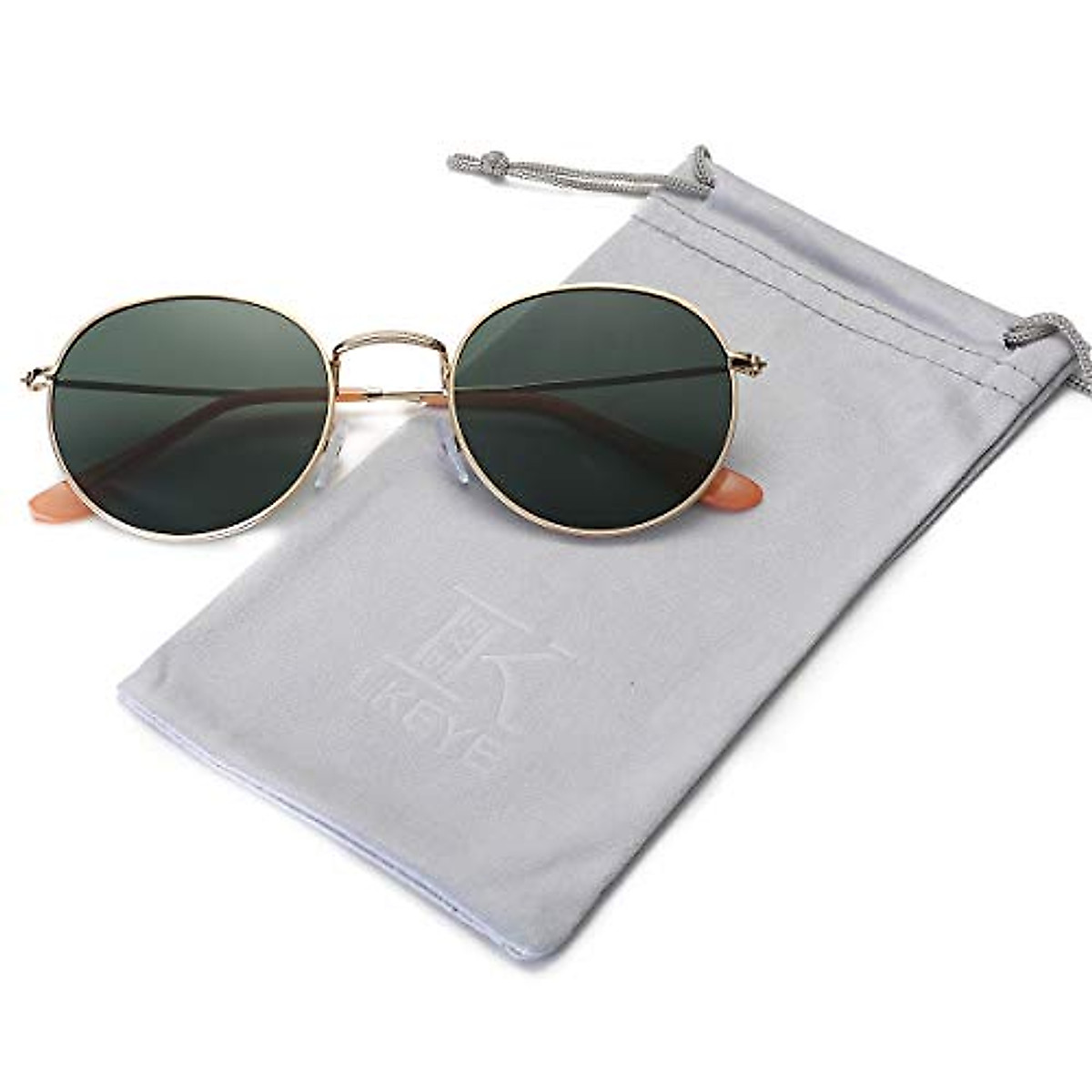 LKEYE Small Unisex Classic Vintage Round Mirror Lens Polarized Sunglasses LK1702 3447 Gold Frame/Dark green Lens